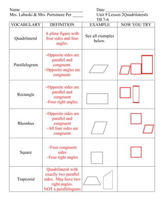 Unit 9 lesson 2 quadrilaterals | DOCX