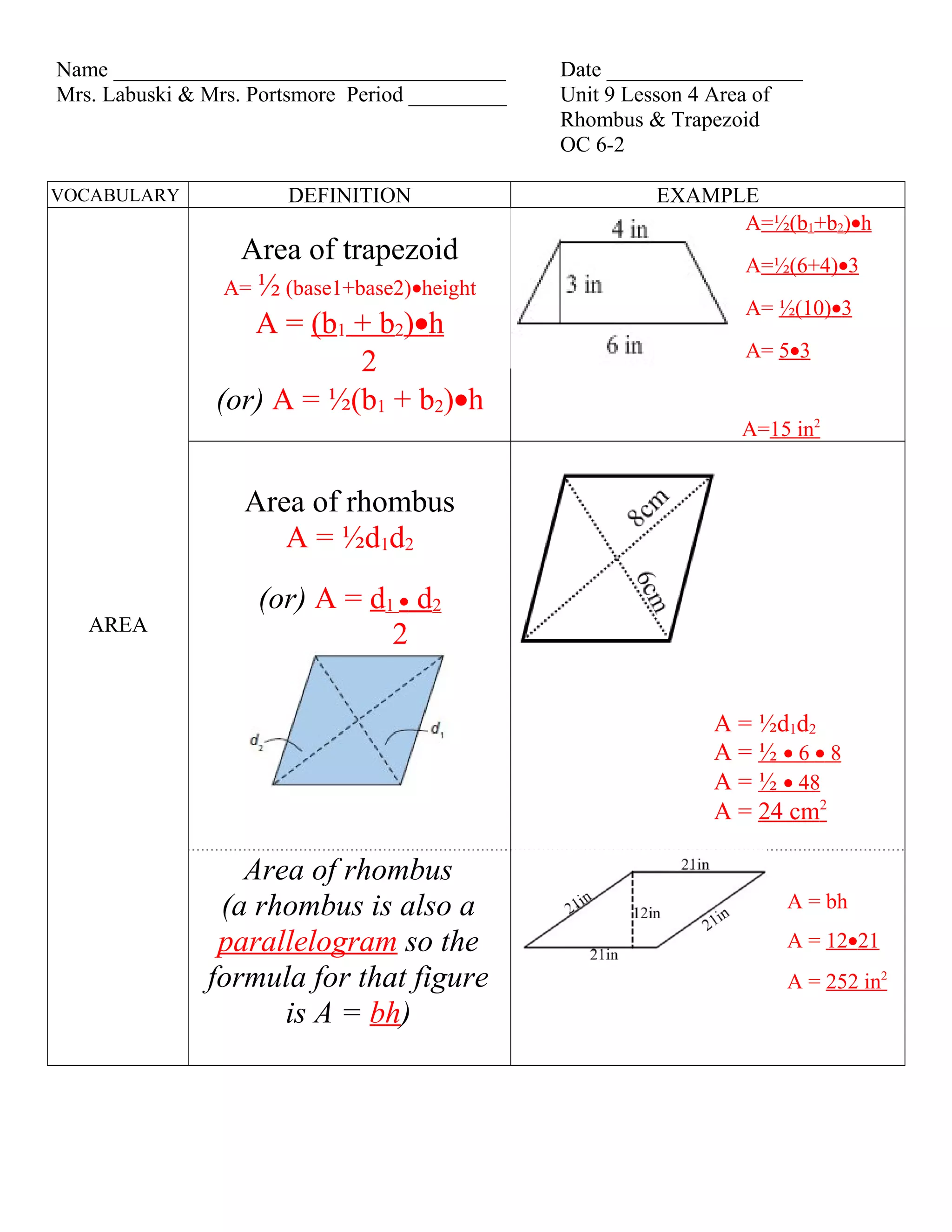 Unit 9 lesson 4 area of trap & rhombus | DOC