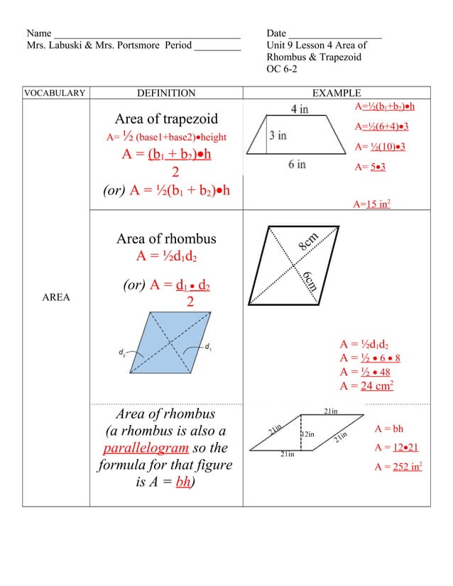 Unit 9 lesson 4 area of trap & rhombus | DOC