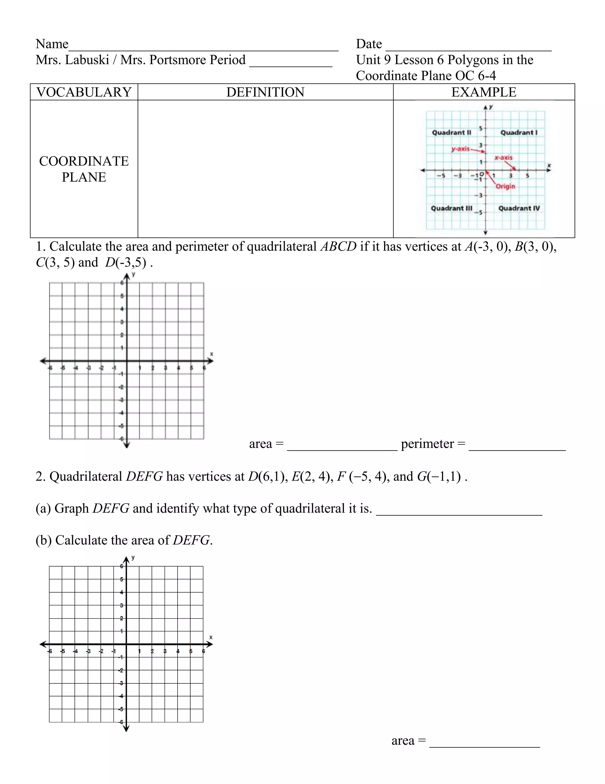 Unit 9 lesson 6 polygons in the coordinate plane | DOCX