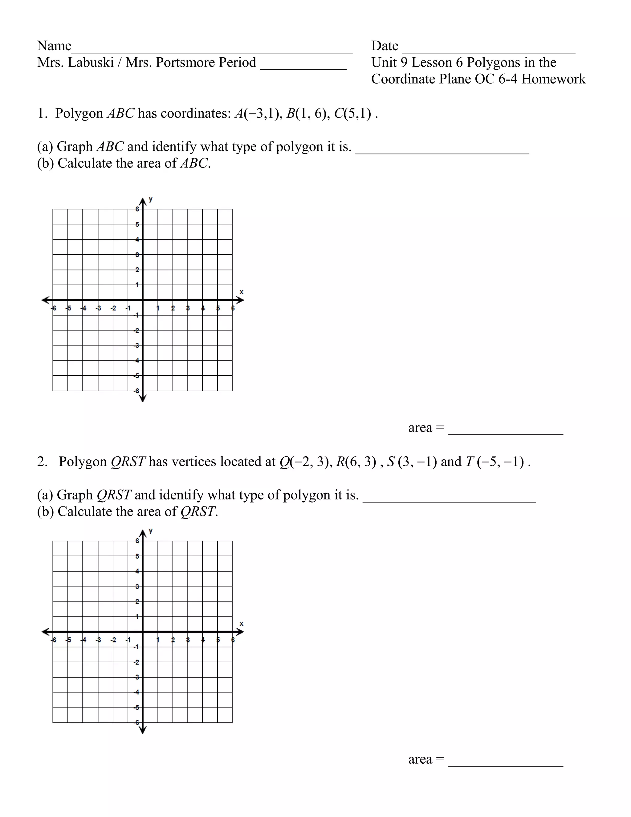Unit 9 lesson 6 polygons in the coordinate plane | DOCX