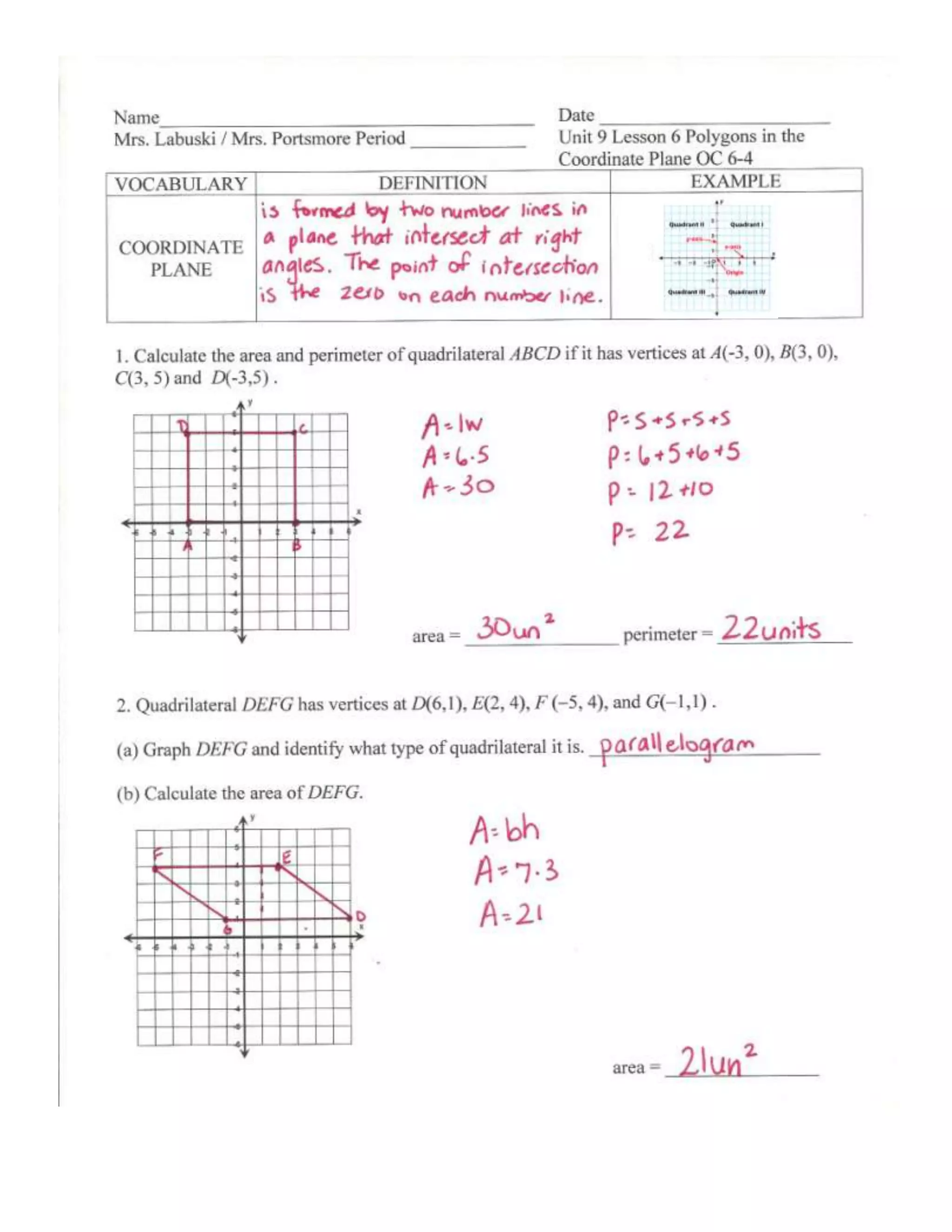 Unit 9 lesson 6 polygons in the coordinate plane | DOCX