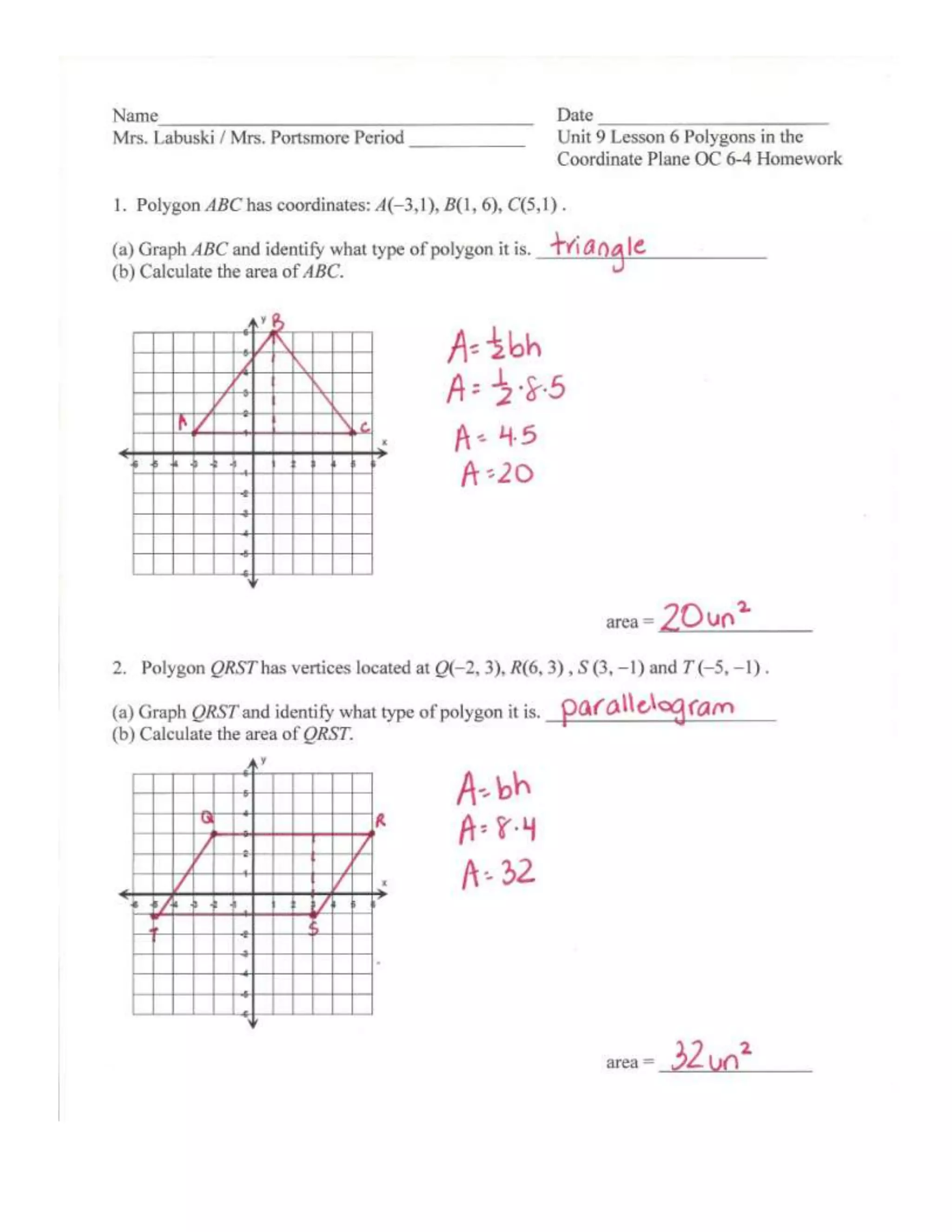 Unit 9 lesson 6 polygons in the coordinate plane | DOCX