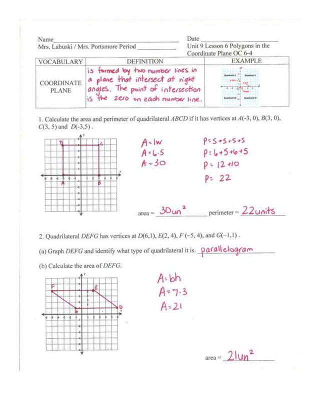 Unit 9 lesson 6 polygons in the coordinate plane | DOCX