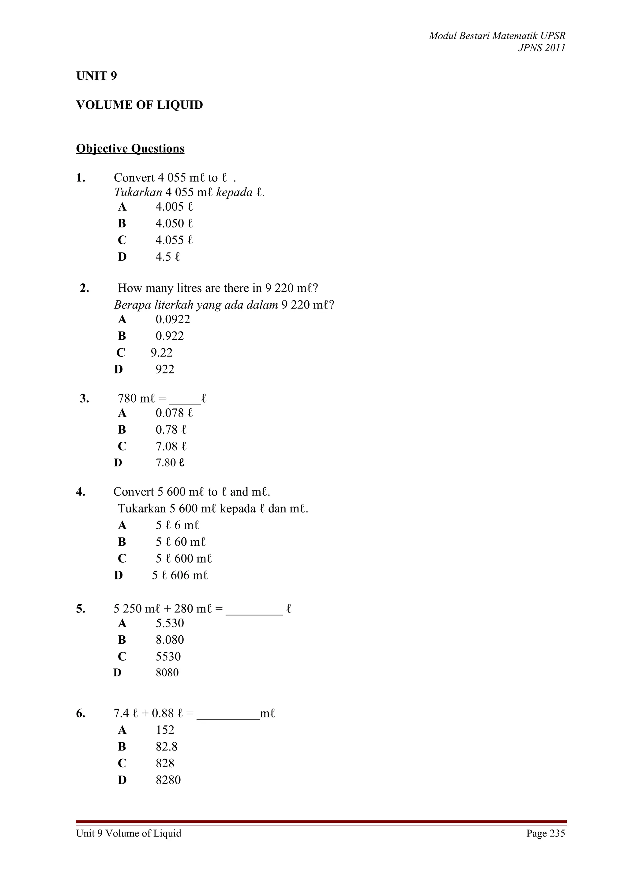 Unit 9 volume of liquid | DOC