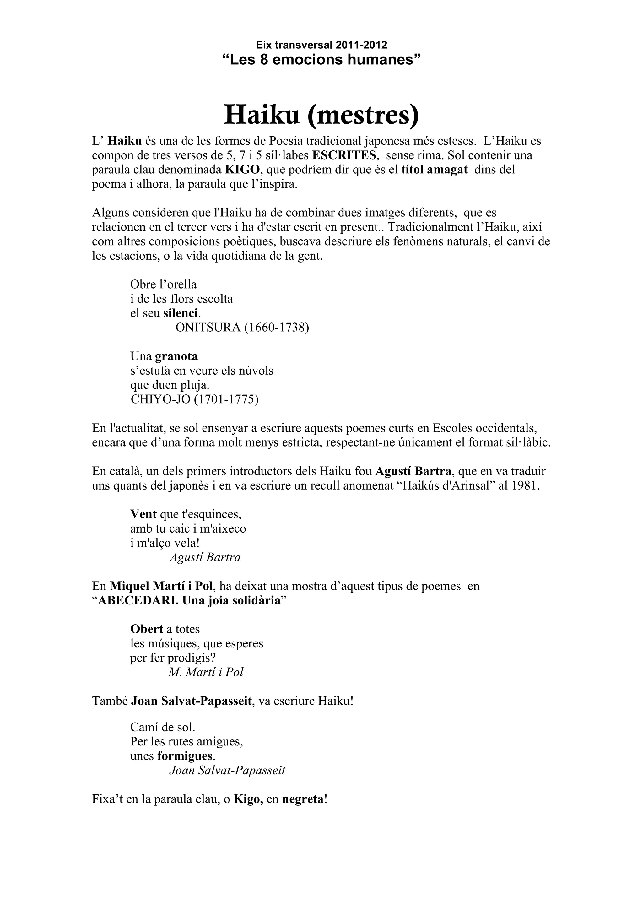 Unitat i materials POESIA JAPONESA, CI i 3 r de primaria | PDF