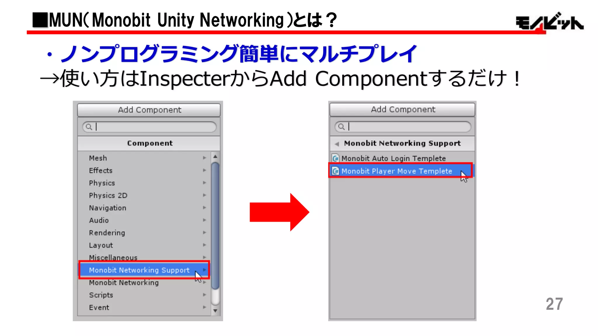 クライアントプログラムだけで マルチプレイが簡単に実装できる! 新製品「monobit Unity Networking」と 新製品「モノビットエンジン・クラウドパッケージ」 のご紹介 Ppt