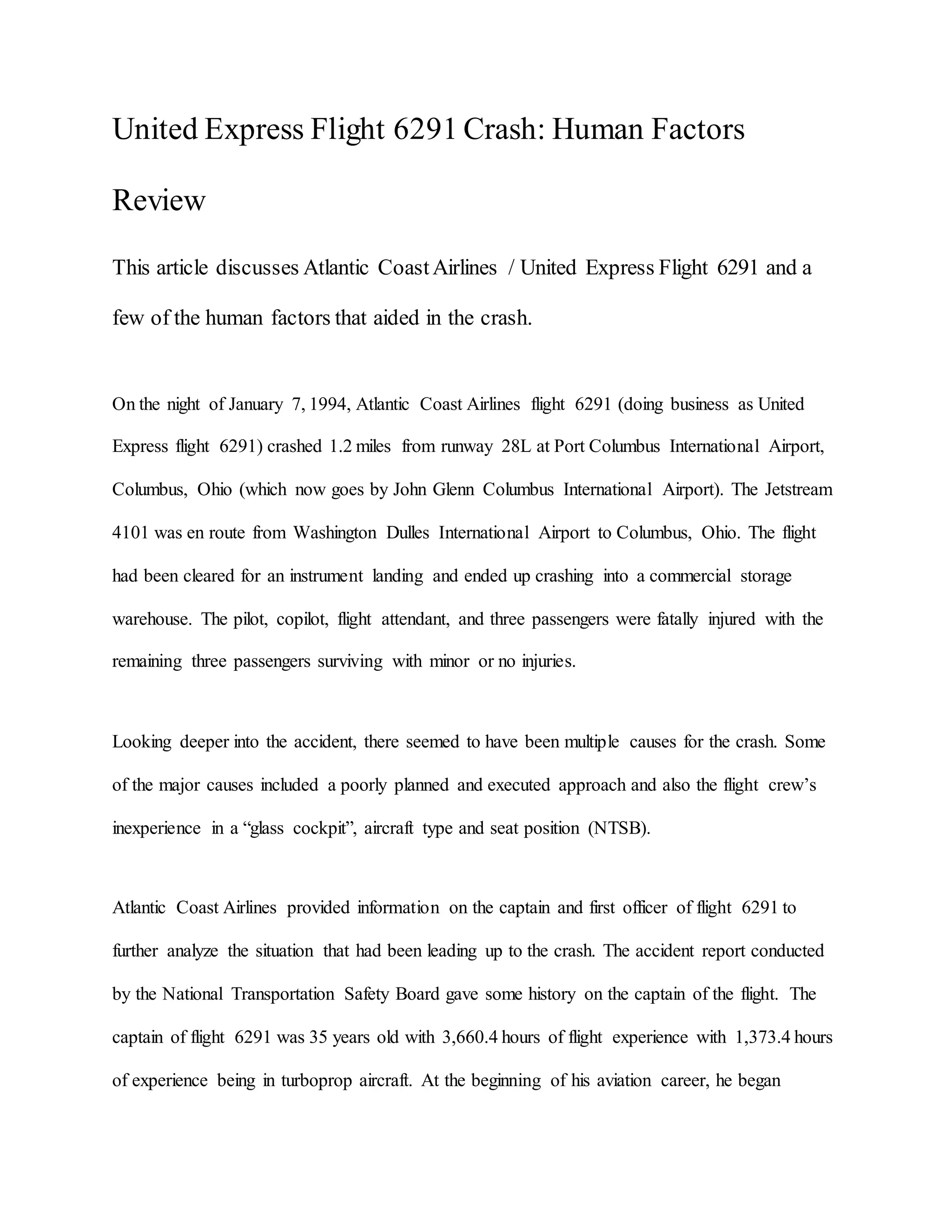 United express flight 6291 crash: Human Factors Review | DOCX