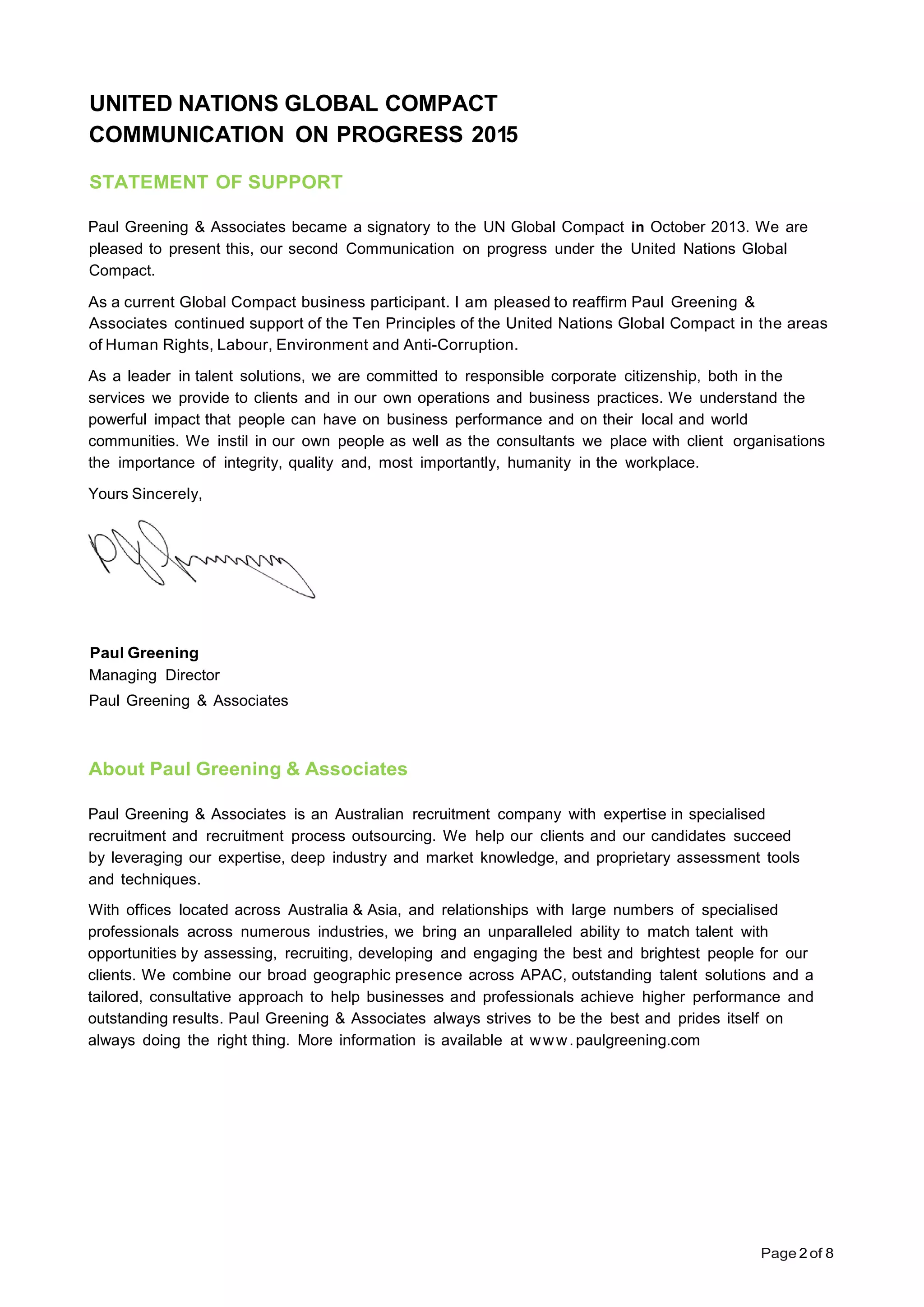 United Nations Global Compact - COP 2015. Paul Greening & Associates | PDF