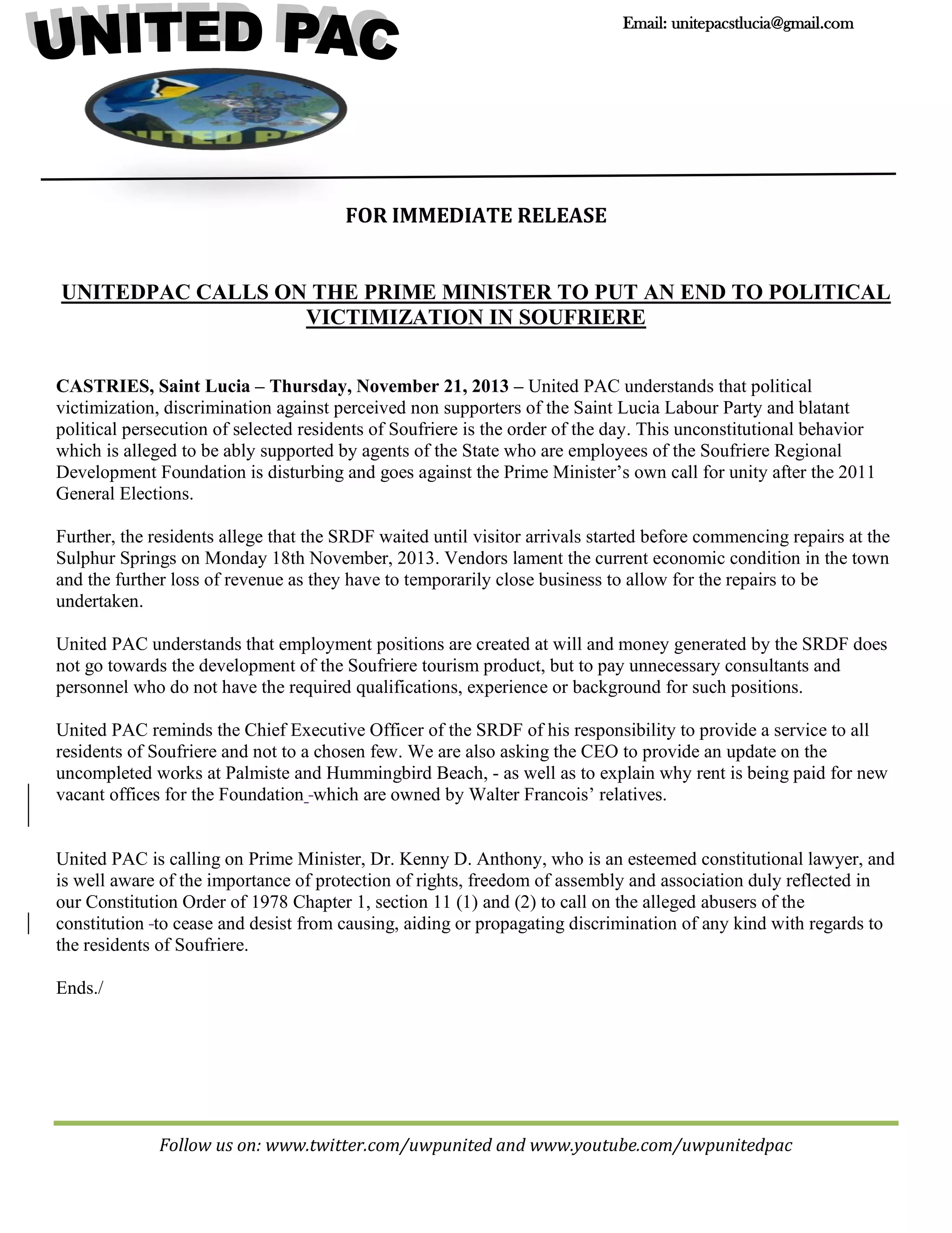 United pac press statement blanket discrimination in soufriere | PDF