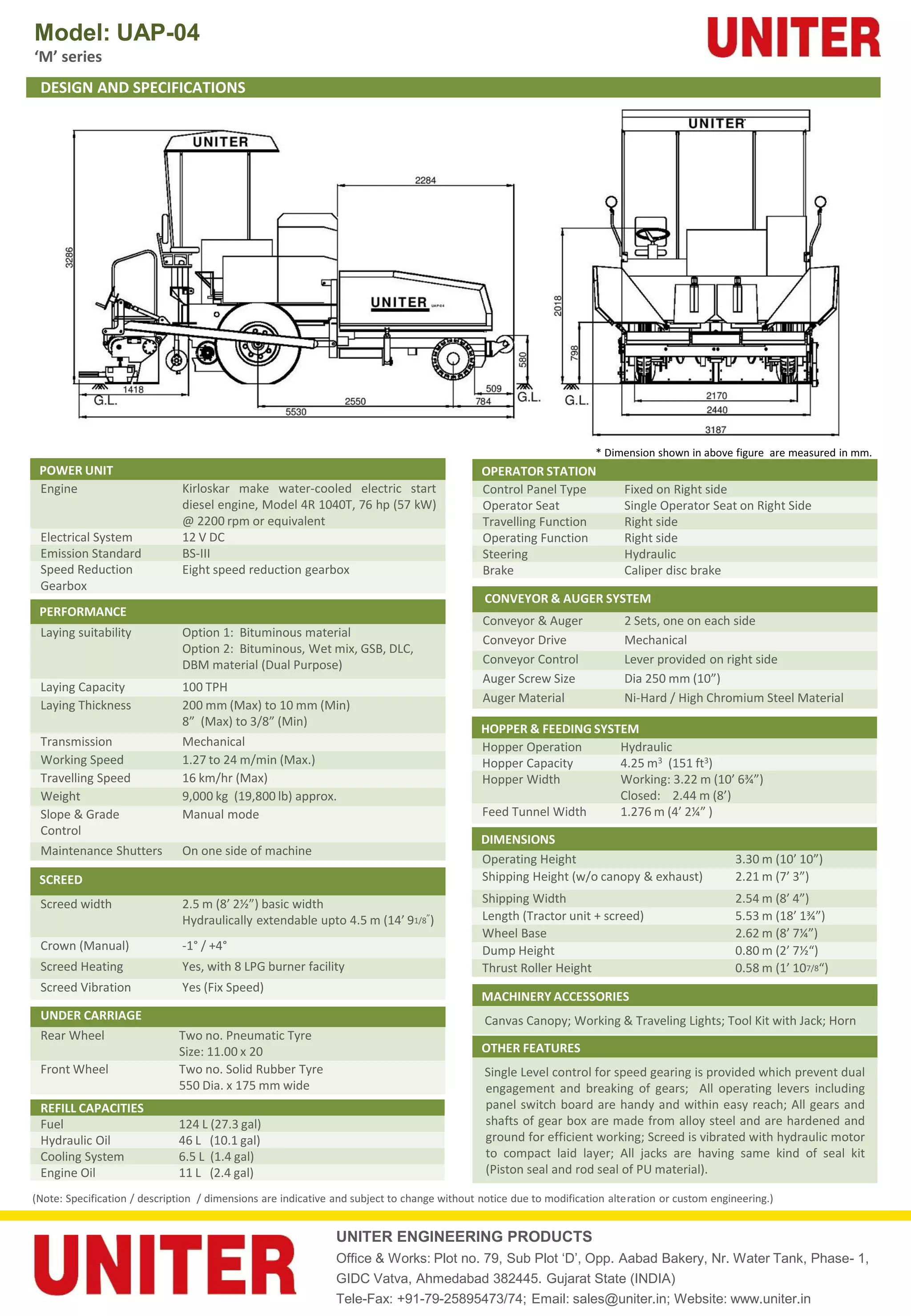 Uniter mechanical asphalt paver model uap-04 brochure | PDF
