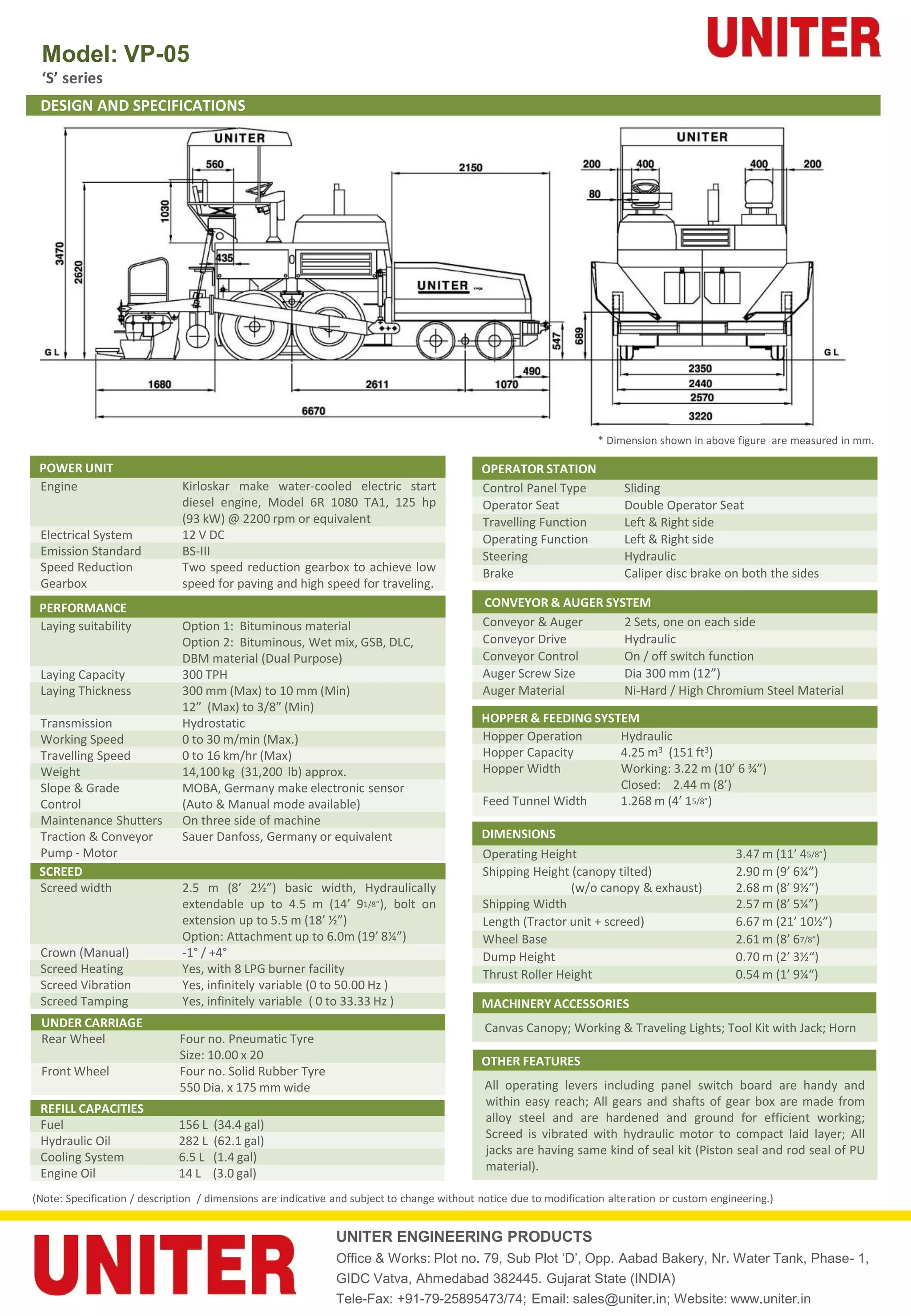 Uniter sensor paver finisher 5.5m model vp-05 brochure | PDF