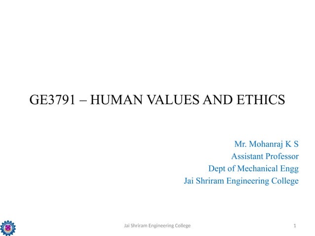 GE3791 - Human Values and Ethics | PPTX | Education