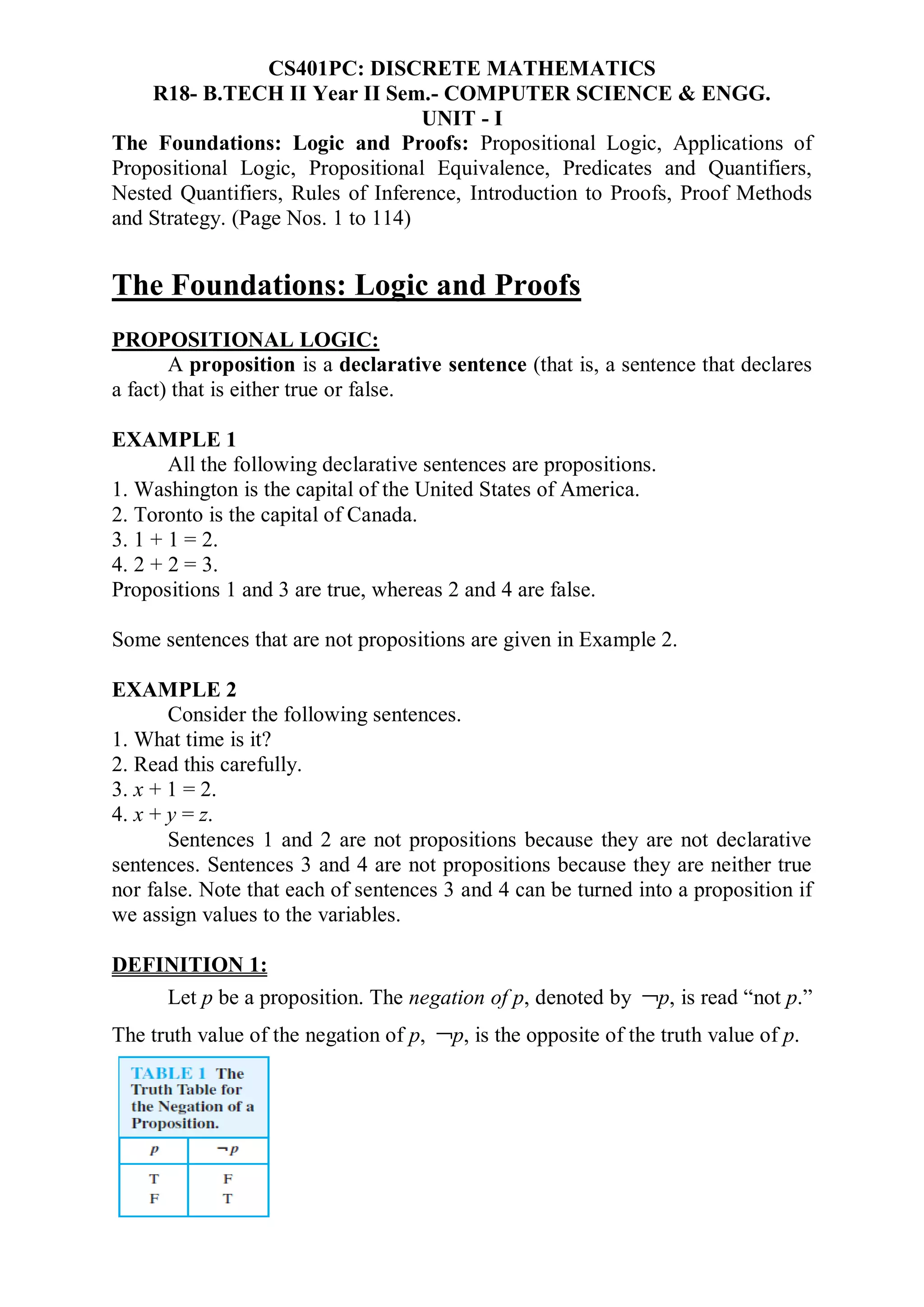 Unit I Discrete Mathematics Lecture Notes Pdf
