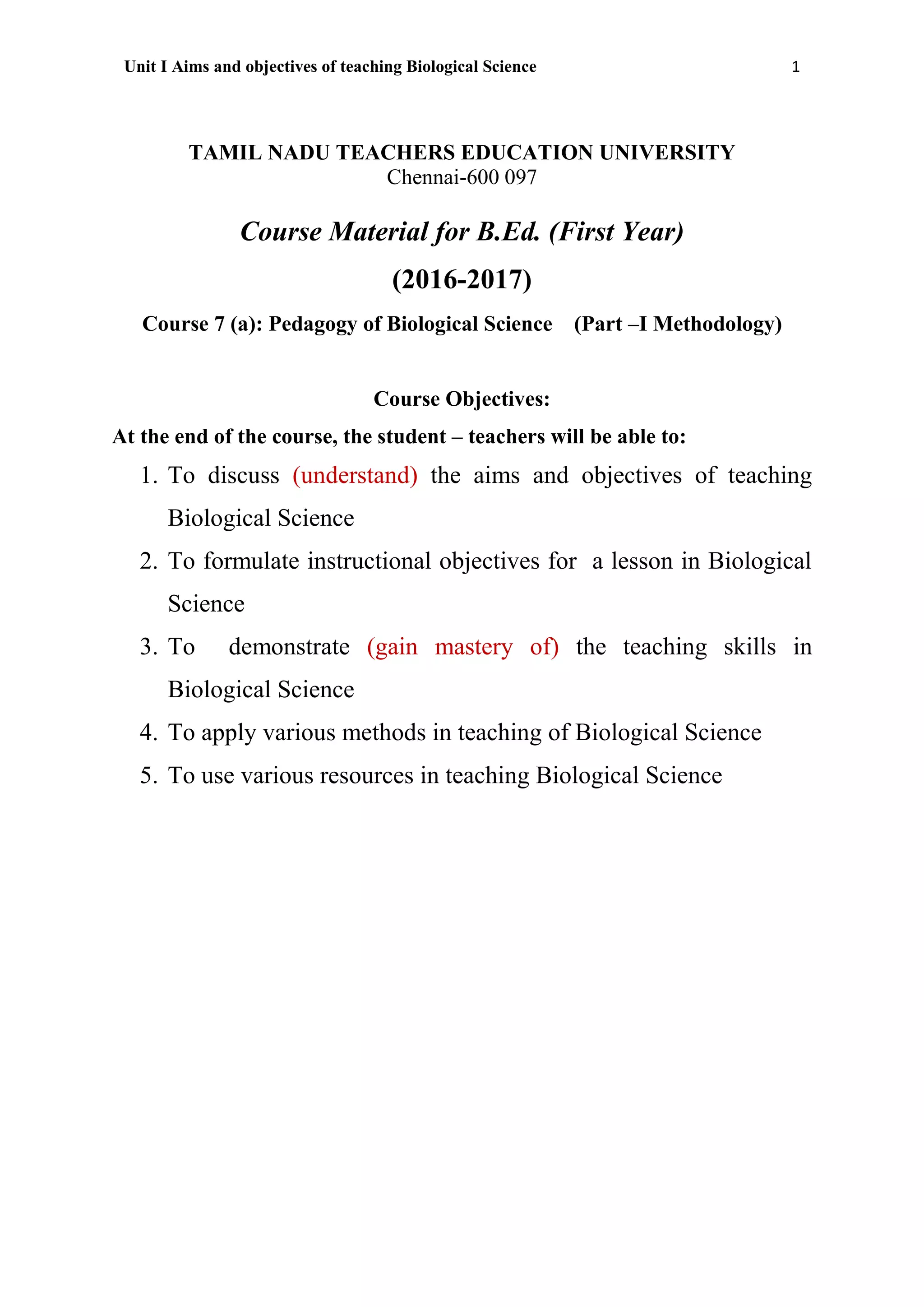 Unit i aims and objectives of teaching biological science | PDF