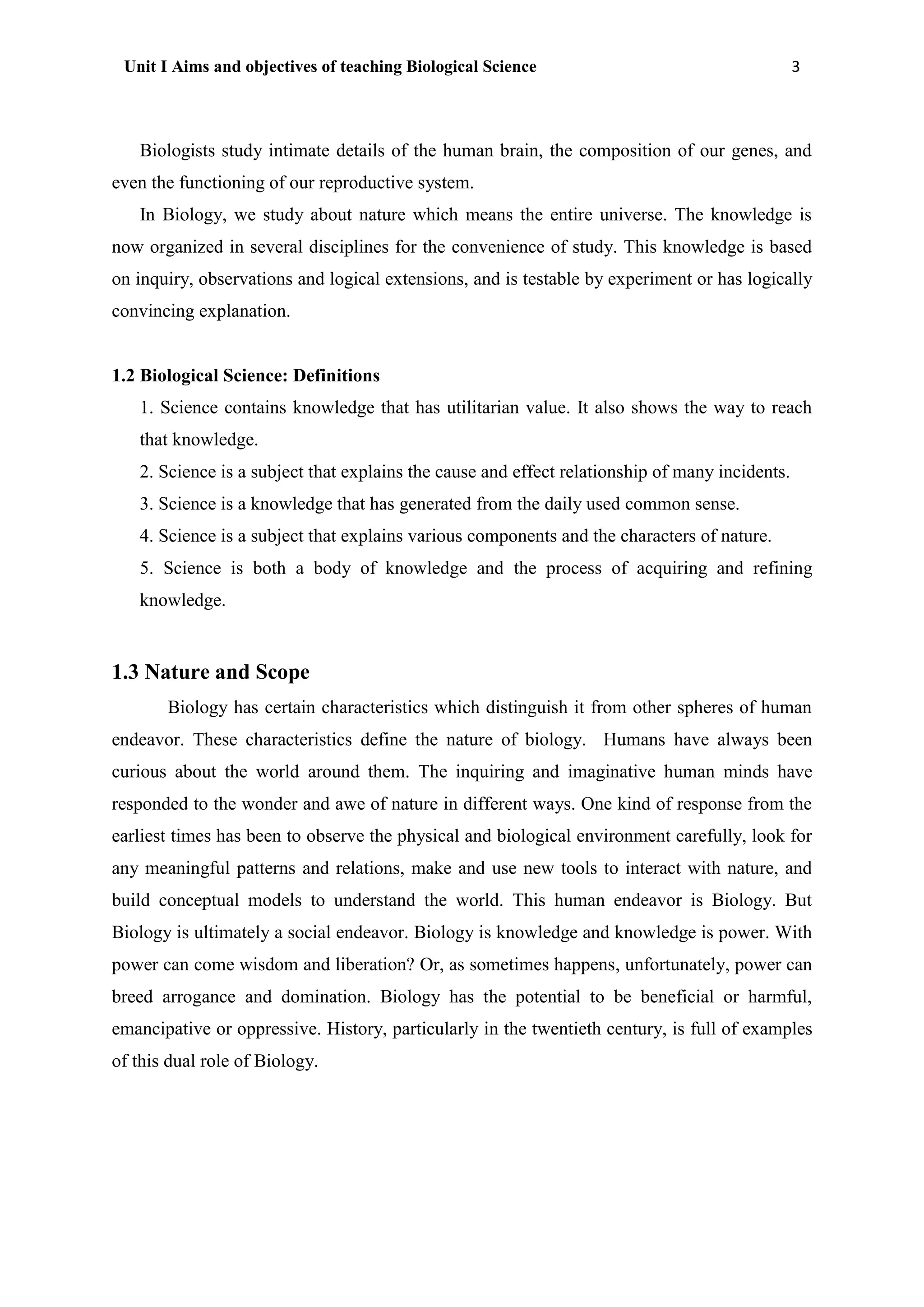 Unit i aims and objectives of teaching biological science | PDF