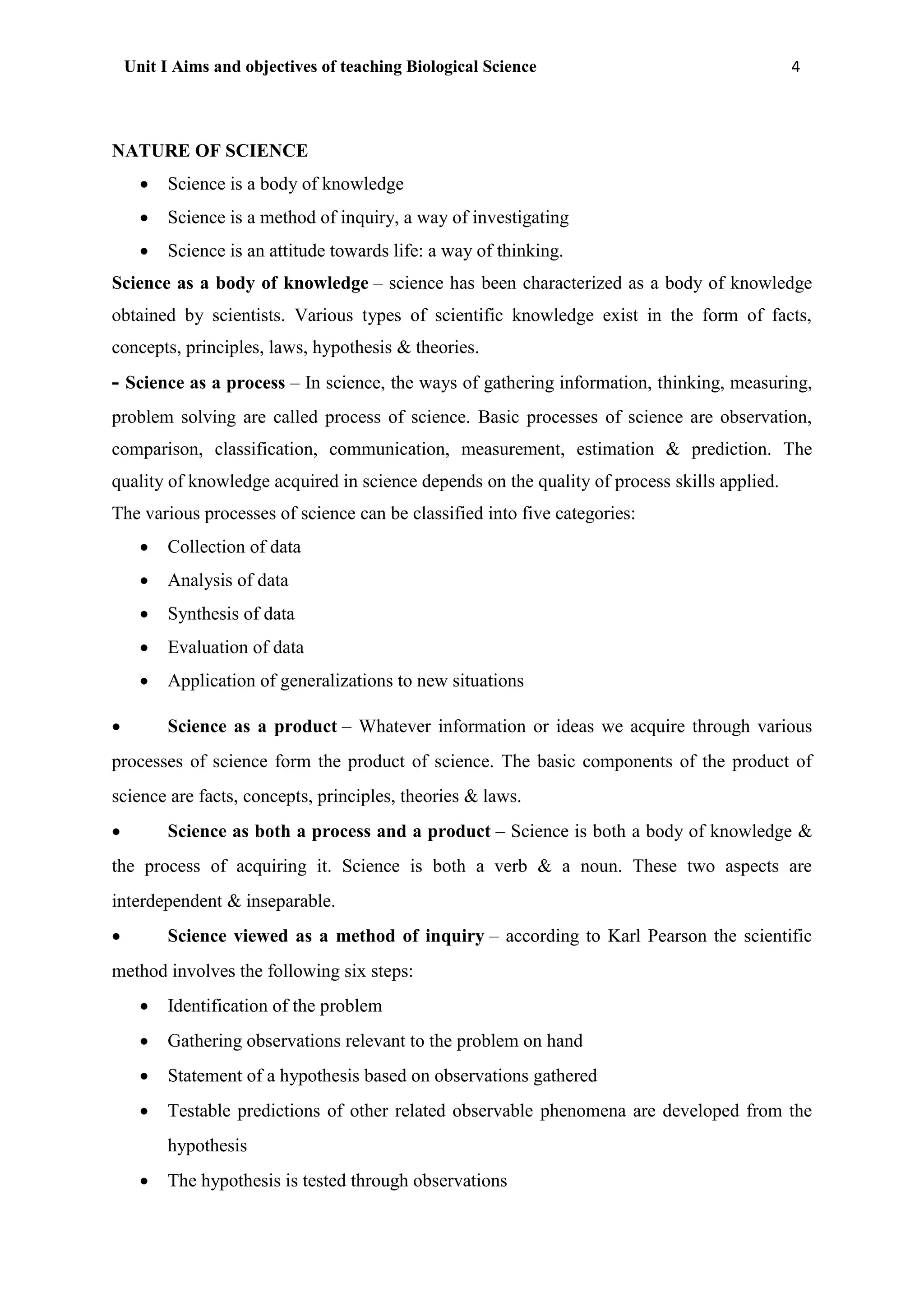 Unit i aims and objectives of teaching biological science | PDF