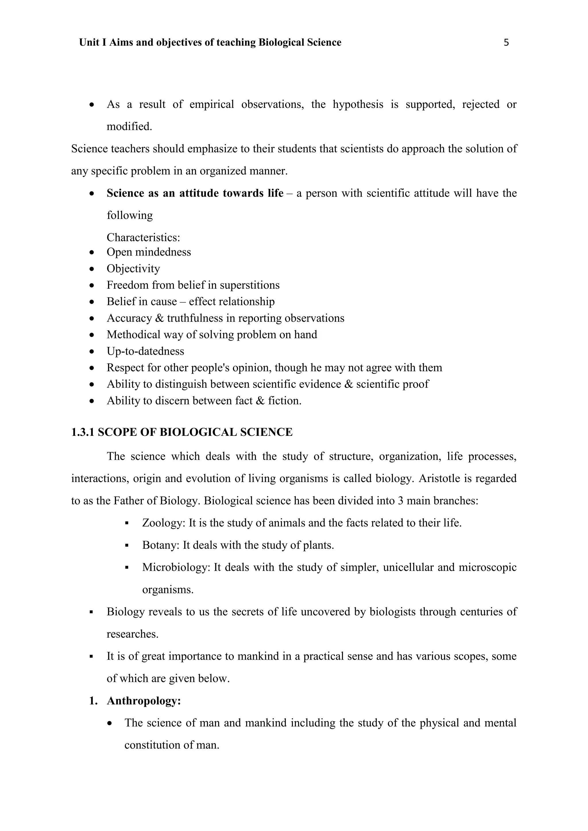 Unit i aims and objectives of teaching biological science | PDF