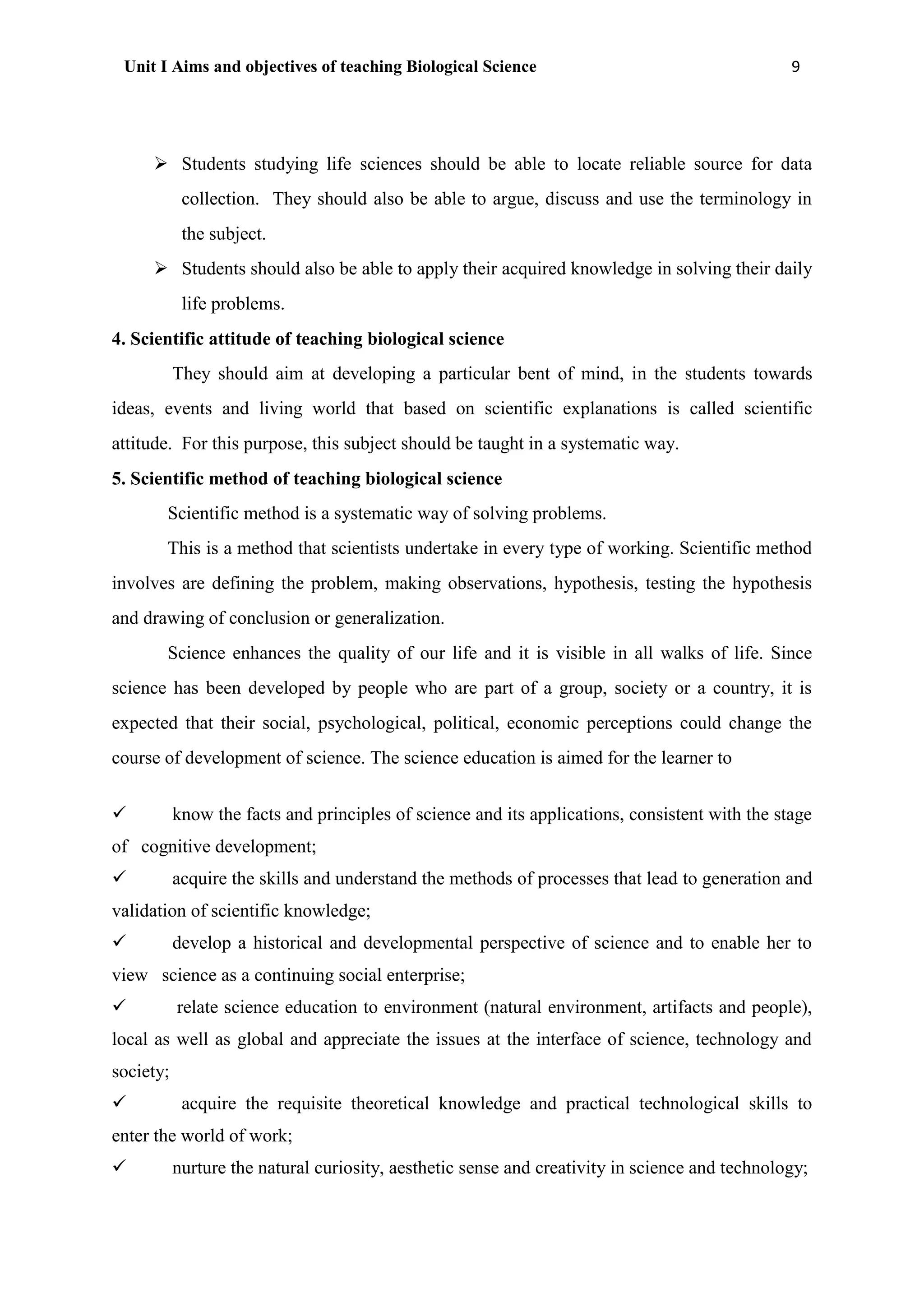 Unit i aims and objectives of teaching biological science | PDF