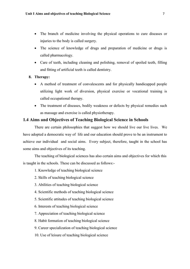 Unit i aims and objectives of teaching biological science | PDF