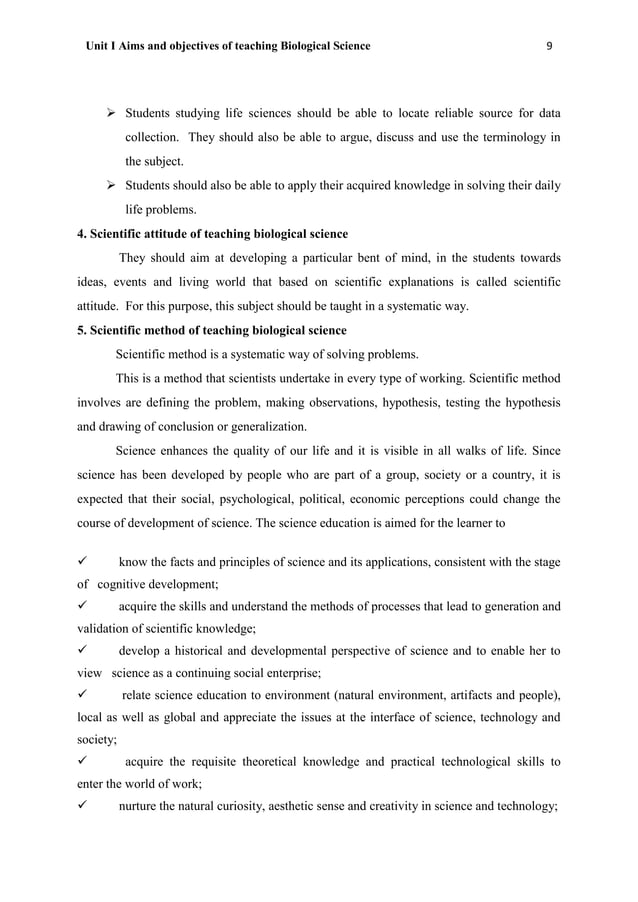Unit i aims and objectives of teaching biological science | PDF