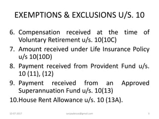 Income exempted under section 10 of Income tax Act 1961 for assessment ...