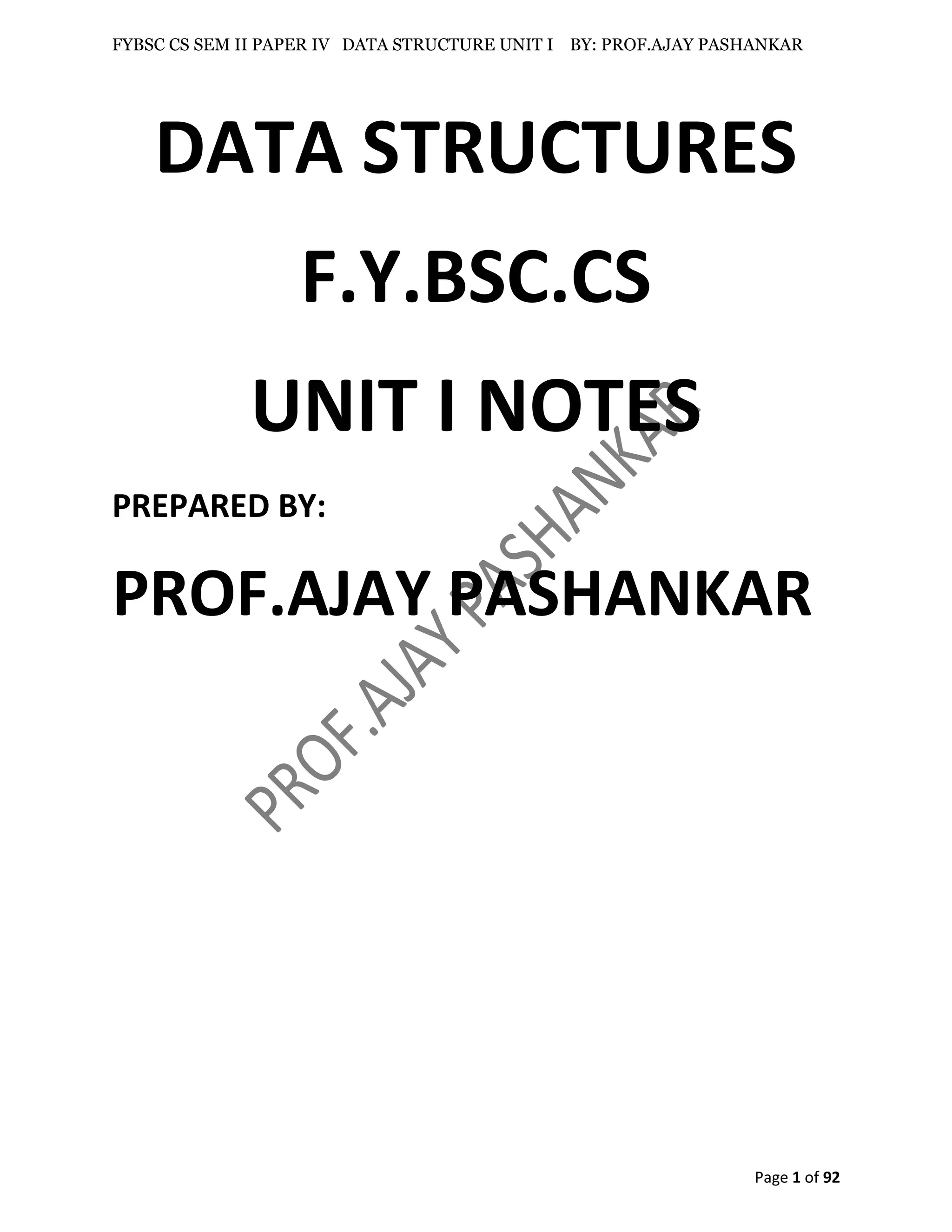 Unit i data structure FYCS MUMBAI UNIVERSITY SEM II | PDF
