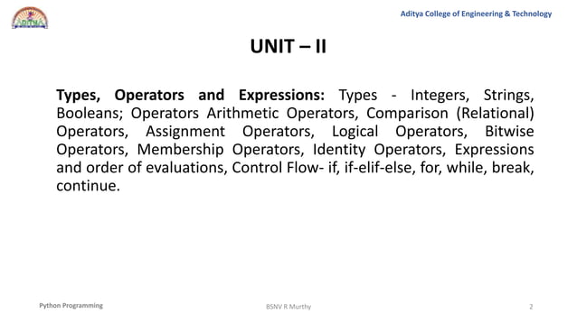 UNIT II_python Programming_aditya College | PPT | Programming Languages ...