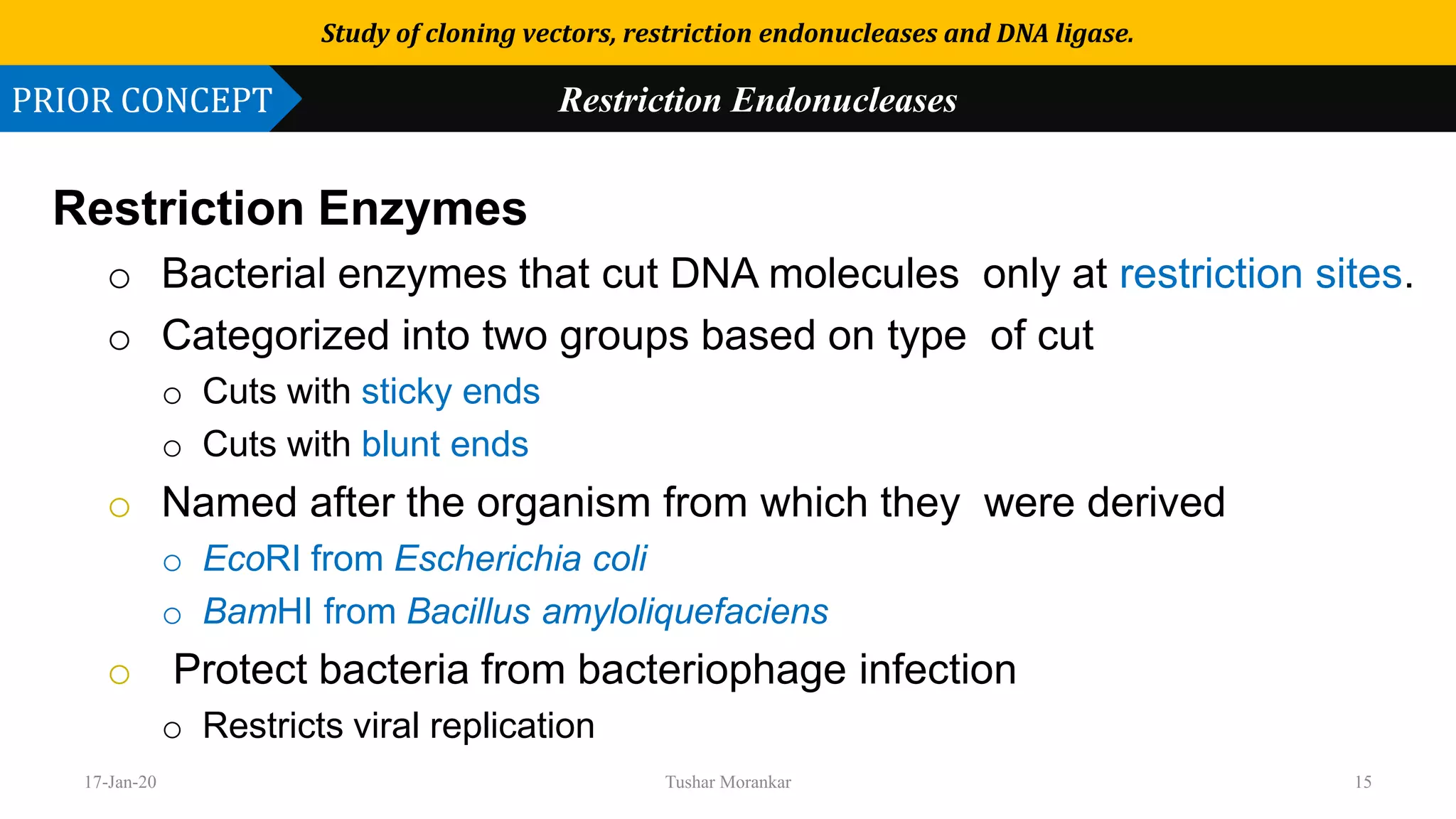 Study of cloning vectors, restriction endonucleases and DNA ligase. | PDF