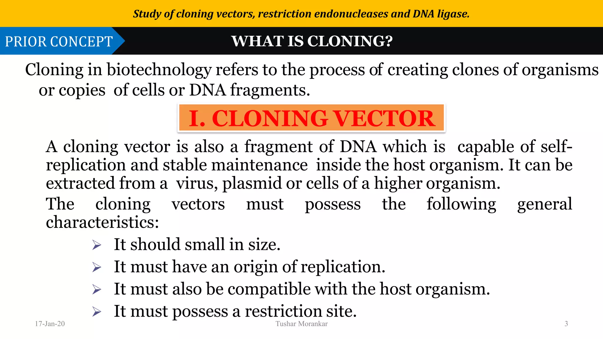 Study of cloning vectors, restriction endonucleases and DNA ligase. | PDF