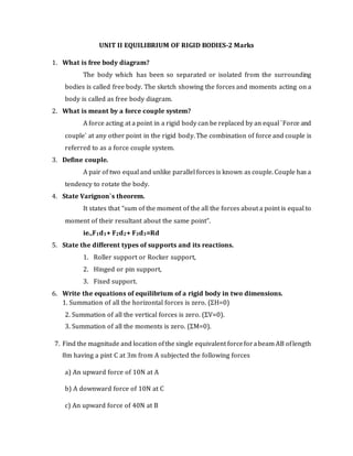 Unit ii equilibrium of rigid bodies | DOCX
