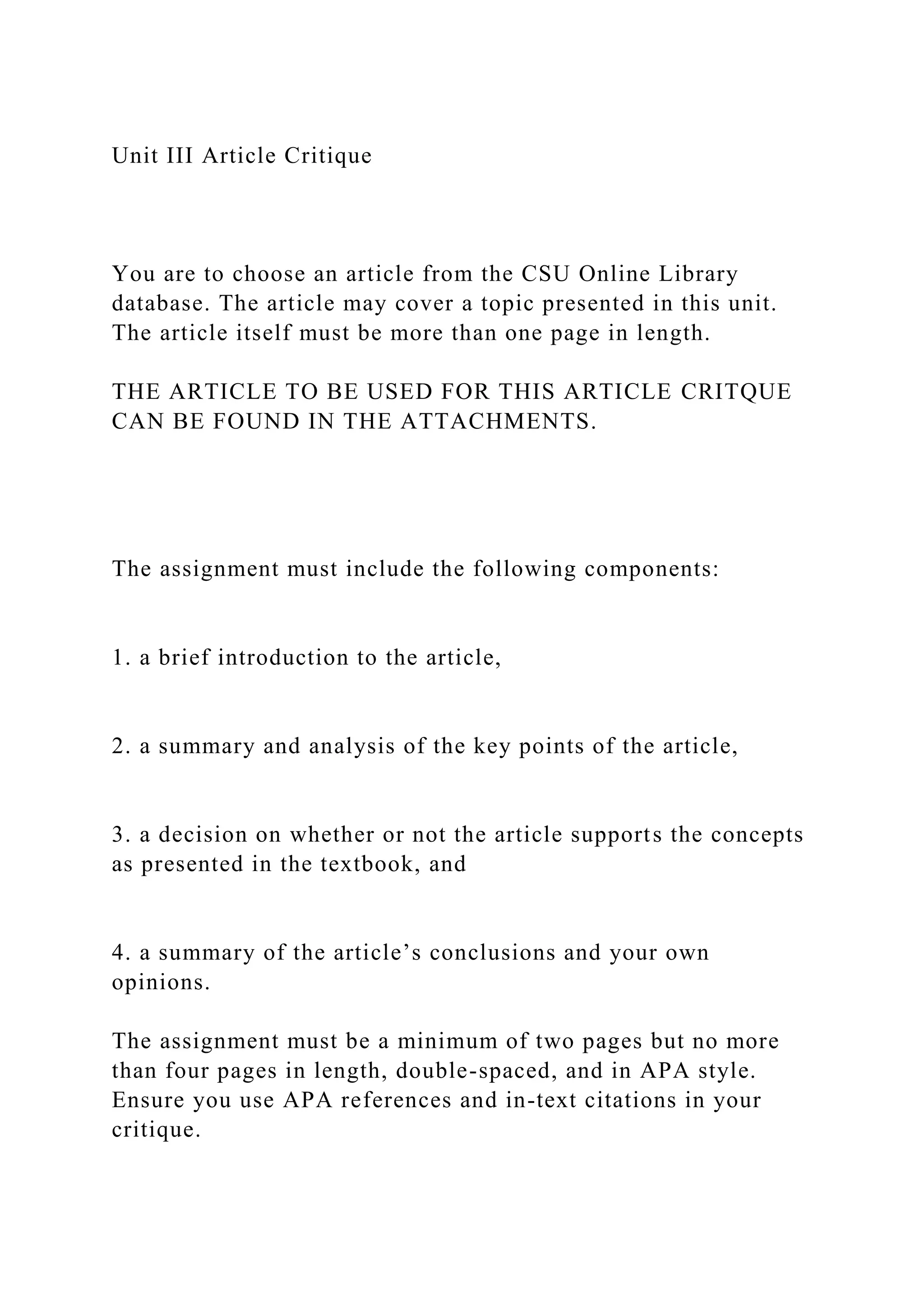 Unit III Article CritiqueYou are to choose an article from t.docx