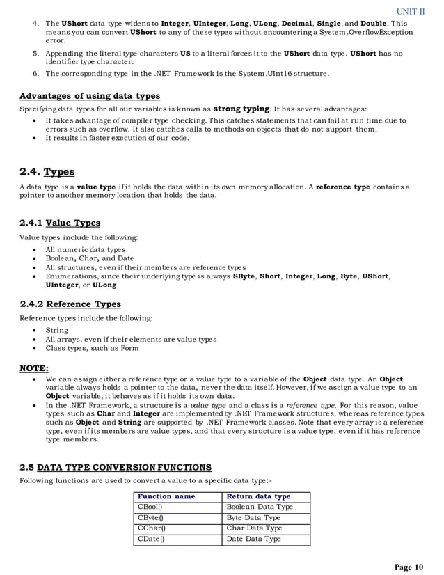 UNIT-II VISUAL BASIC.NET | BCA | DOCX