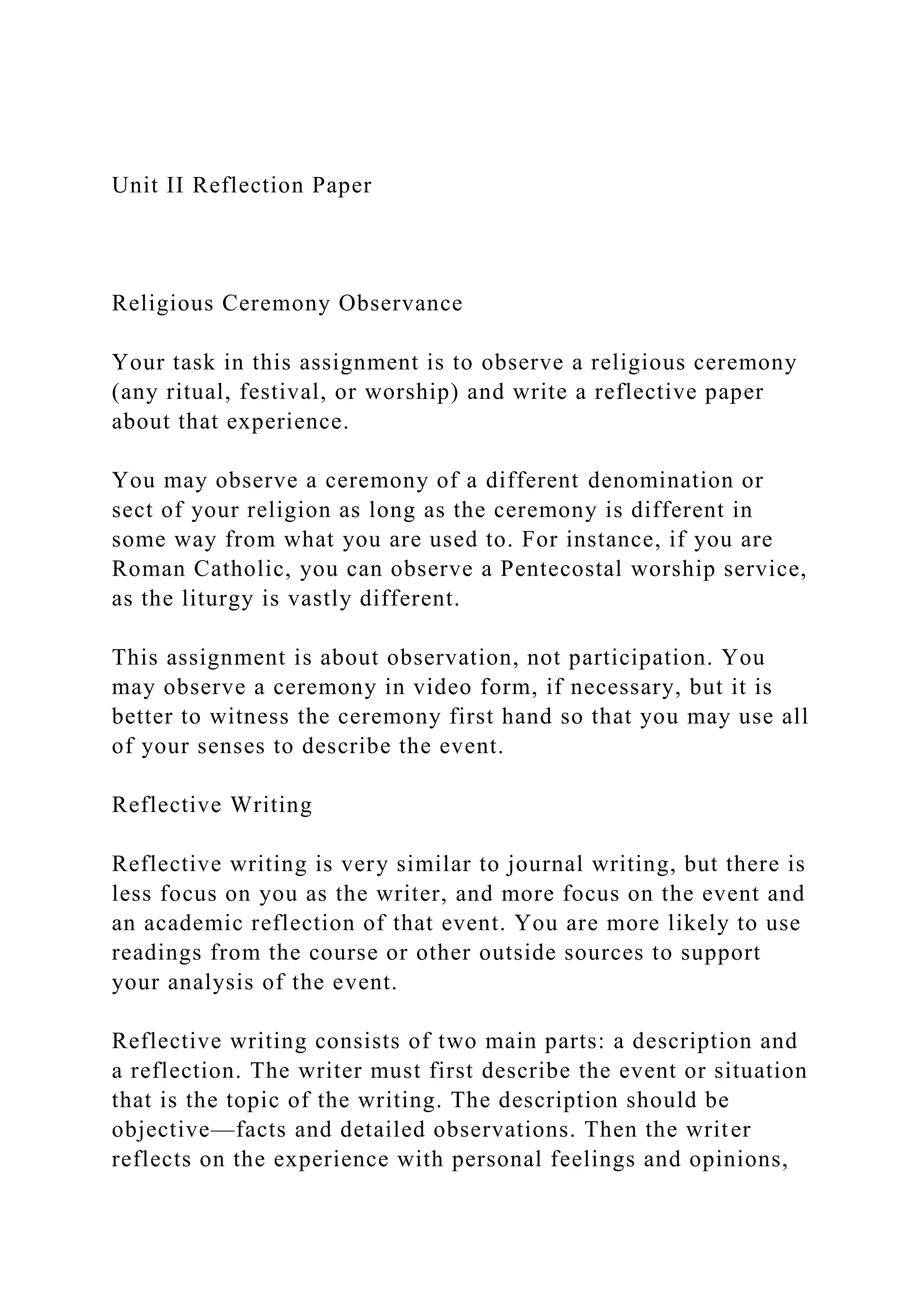 Unit II Reflection PaperReligious Ceremony ObservanceY.docx