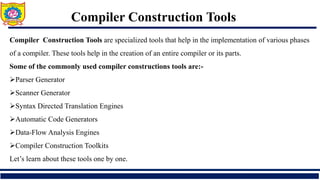 Compiler Construction ToolsParser Generator Scanner Generator Syntax ...
