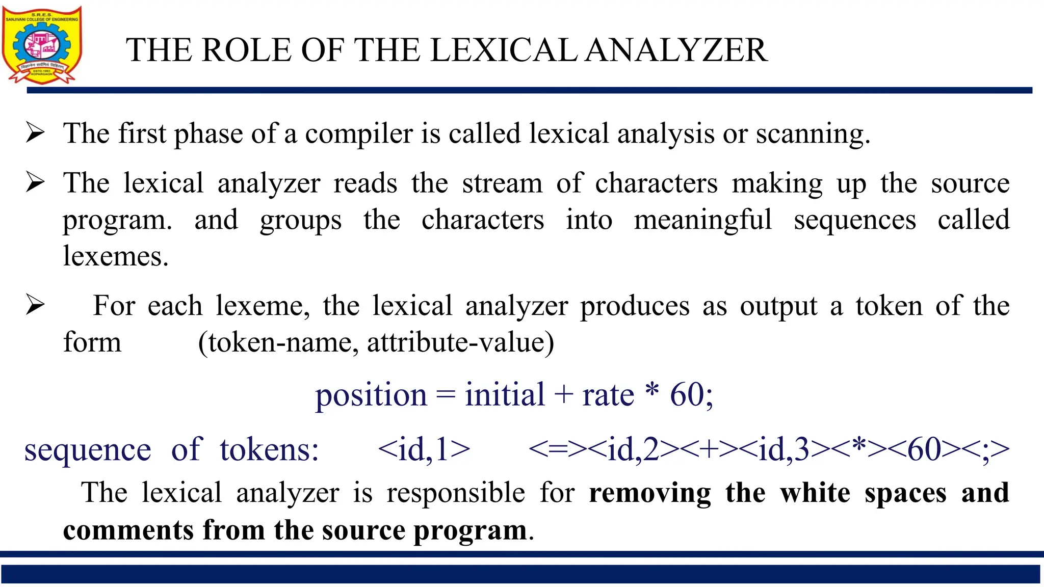 Structure of a Compiler, Compiler and Interpreter, Lexical Analysis: Role of the lexical ...