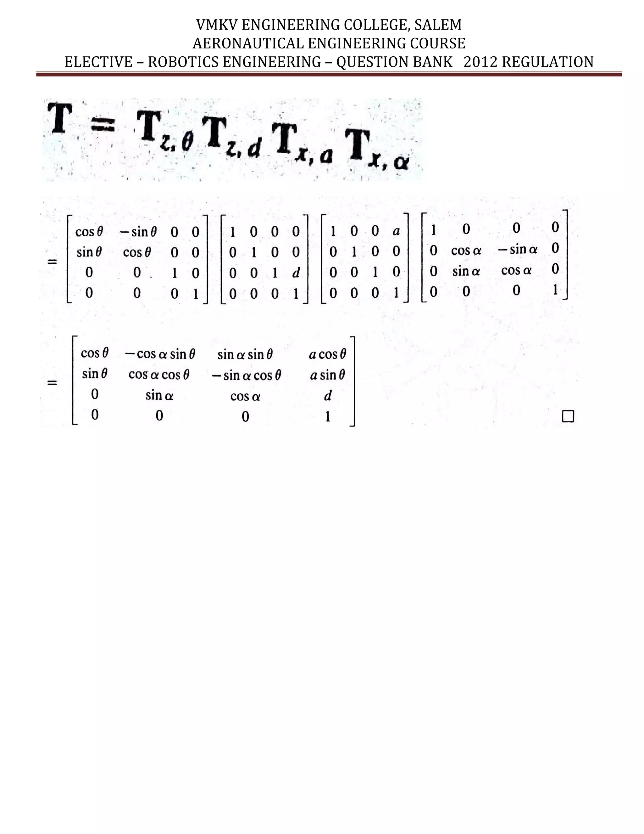 Unit II Solved Question Bank - Robotics Engineering - | PDF