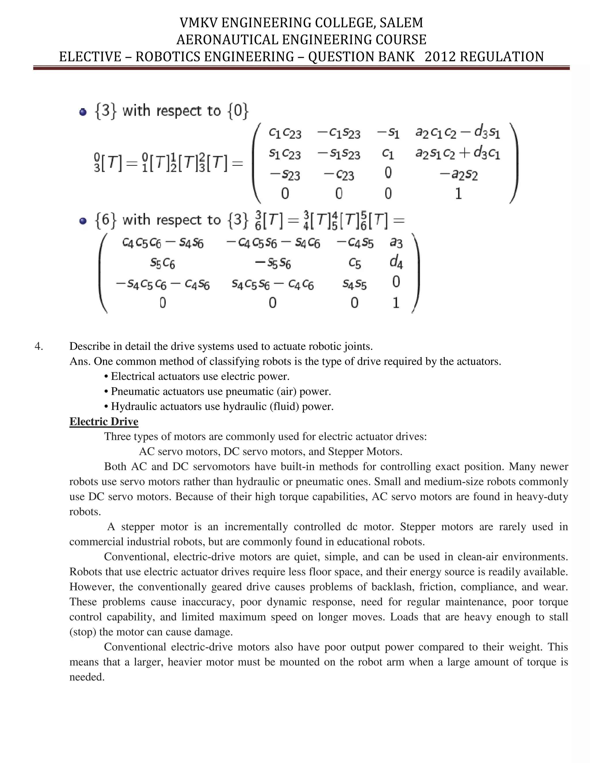 Unit II Solved Question Bank - Robotics Engineering - | PDF