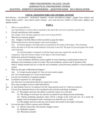 Unit II Solved Question Bank - Robotics Engineering - | PDF