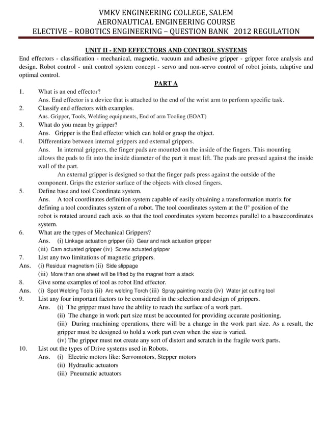 Unit II Solved Question Bank - Robotics Engineering - | PDF | Robotics | Technology & Computing