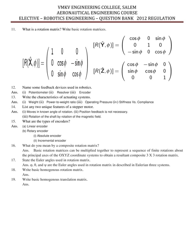 Unit II Solved Question Bank - Robotics Engineering - | PDF | Robotics | Technology & Computing