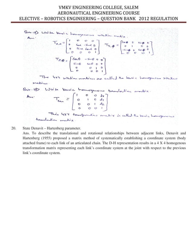 Unit II Solved Question Bank - Robotics Engineering - | PDF | Robotics | Technology & Computing