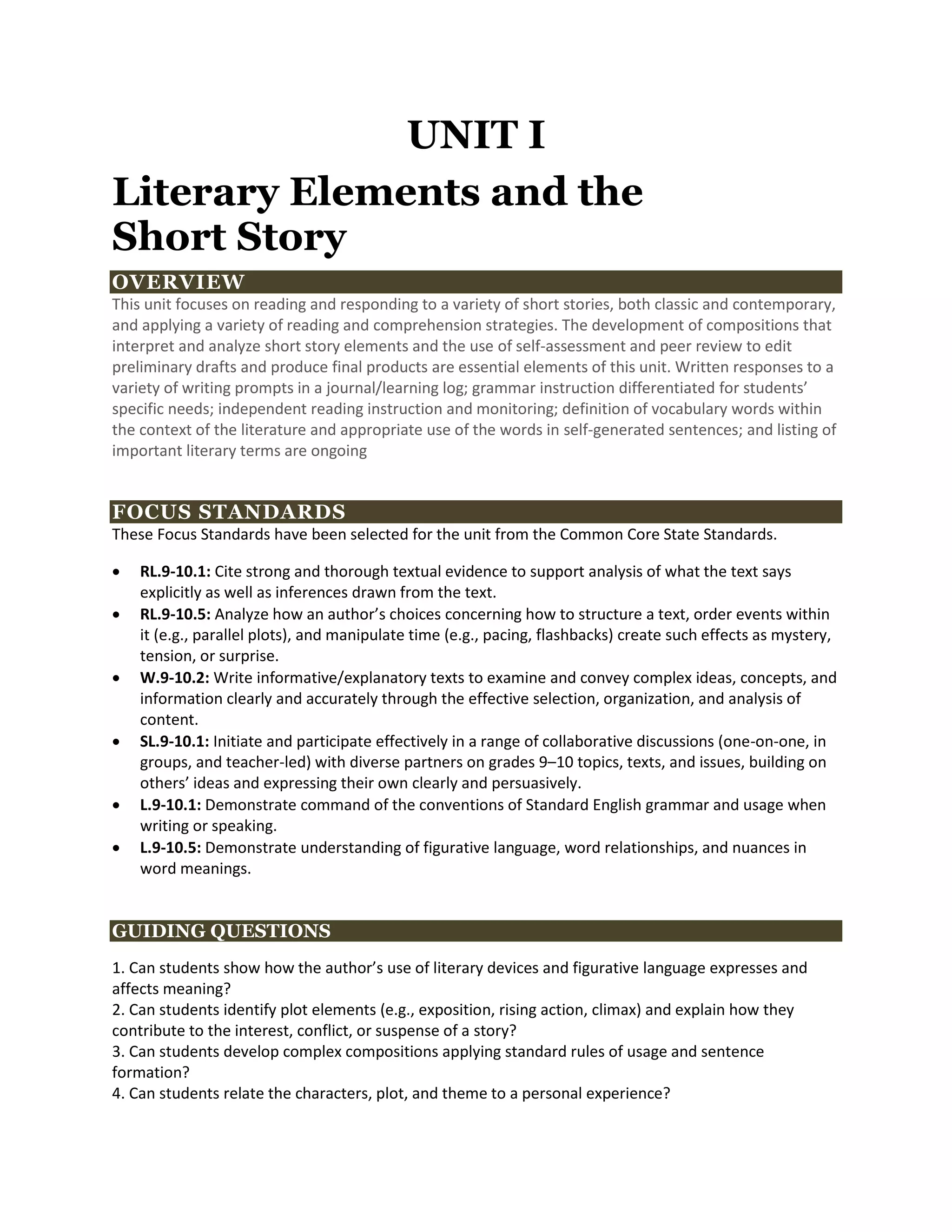 Unit I short stories | PDF