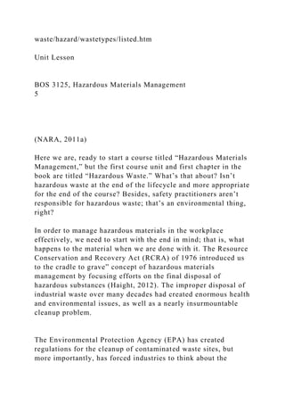 UNIT I STUDY GUIDEHazardous WasteCourse Learning Outcomes for Unit.docx ...