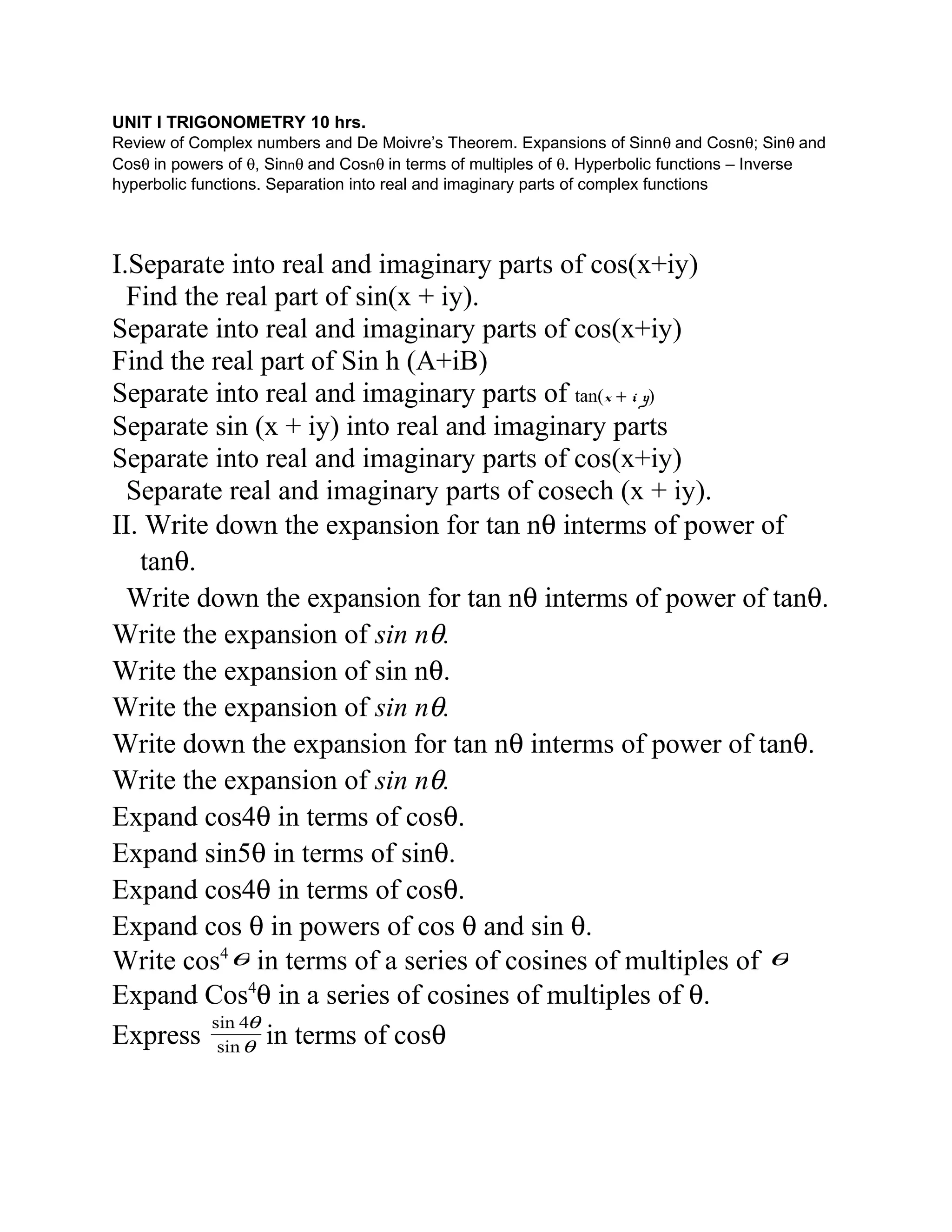 Unit i trigonometry satyabama univesity | DOC