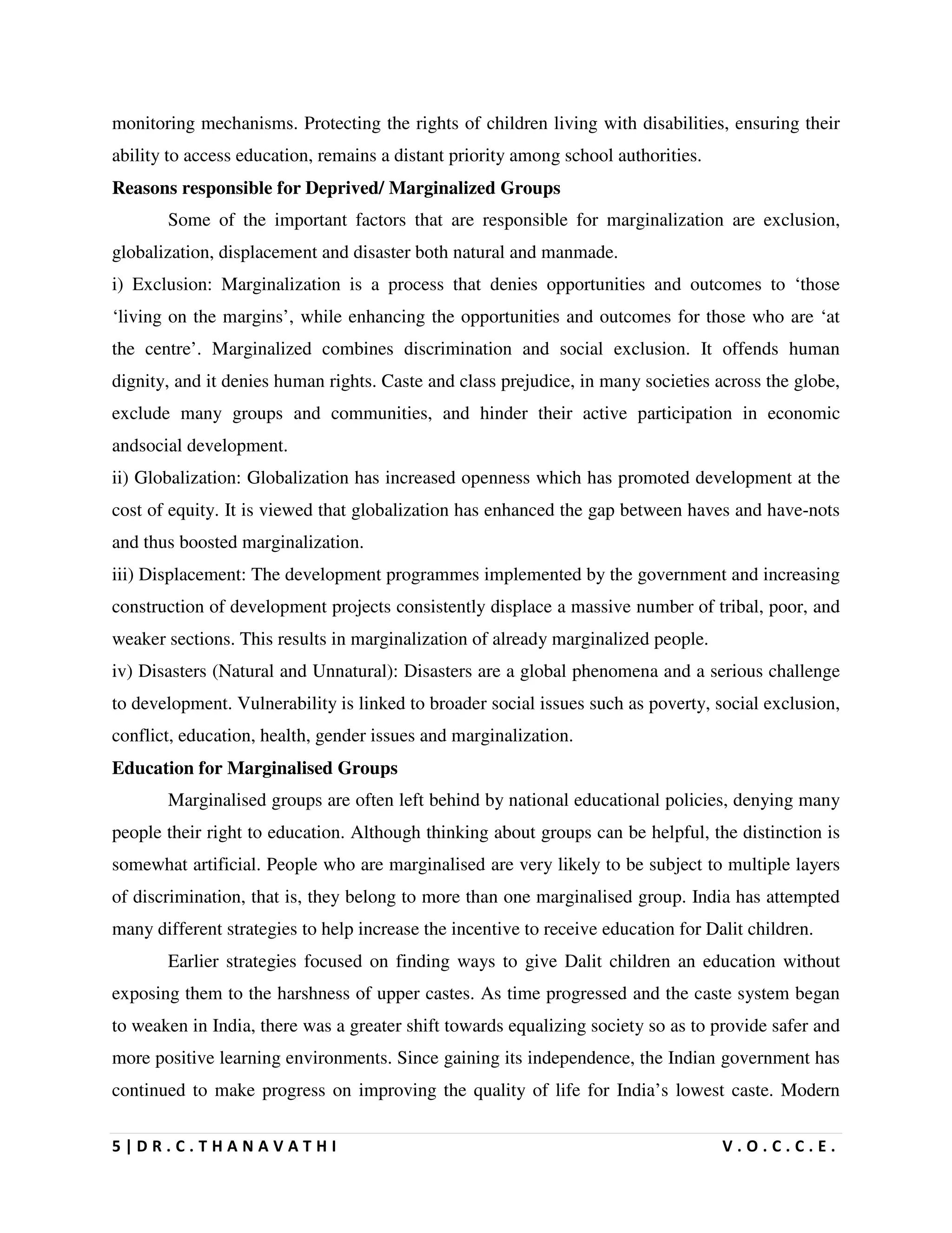 Unit iv Inequality, Discrimination and Marginalisation in Education | PDF