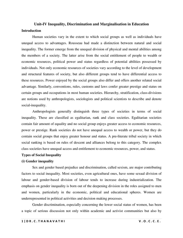 Unit iv Inequality, Discrimination and Marginalisation in Education | PDF | Debated Sensitive ...