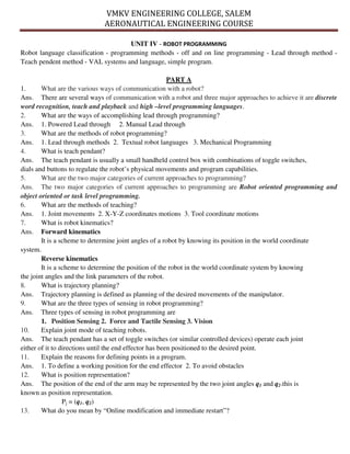 Unit IV Solved Question Bank- Robotics Engineering | PDF