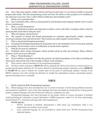 Unit IV Solved Question Bank- Robotics Engineering | PDF