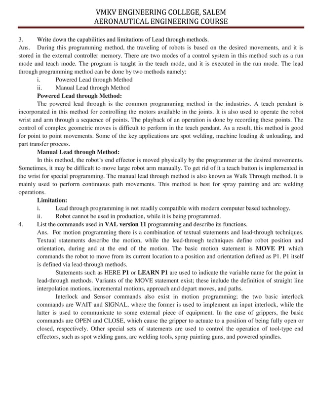 Unit IV Solved Question Bank- Robotics Engineering | PDF